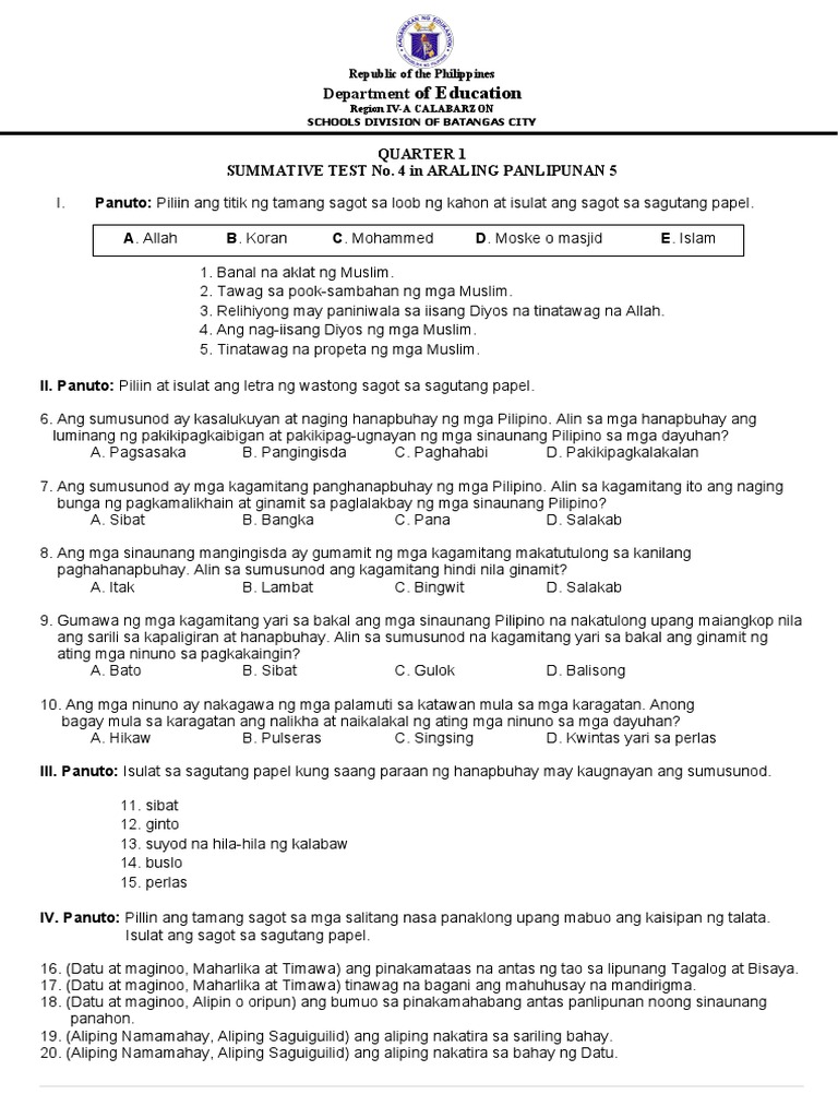 AP 5 4th Summative Test | PDF