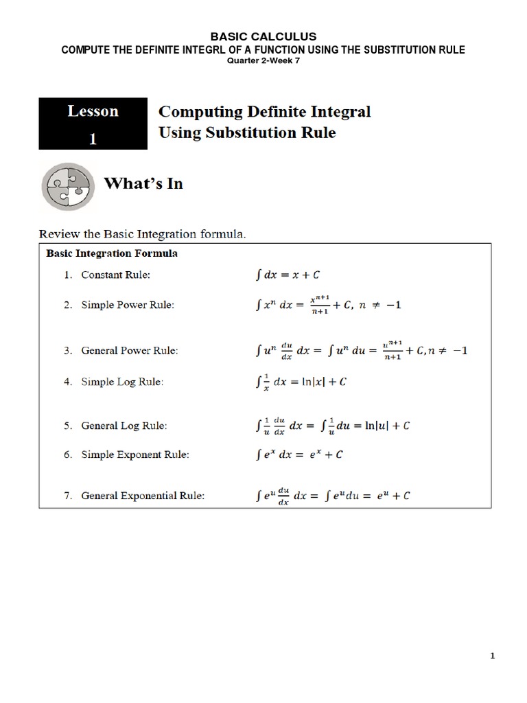 Basic Cal Q2 Module 1 WEEK 7 Compute The Definite Integrl of A Function Using The Substitution ...