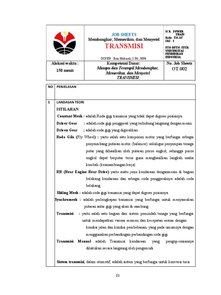 Jobsheet Transmisi | PDF