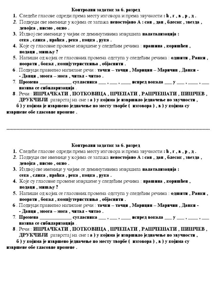 Kontrolni Zadatak Za 6 Srpski | PDF