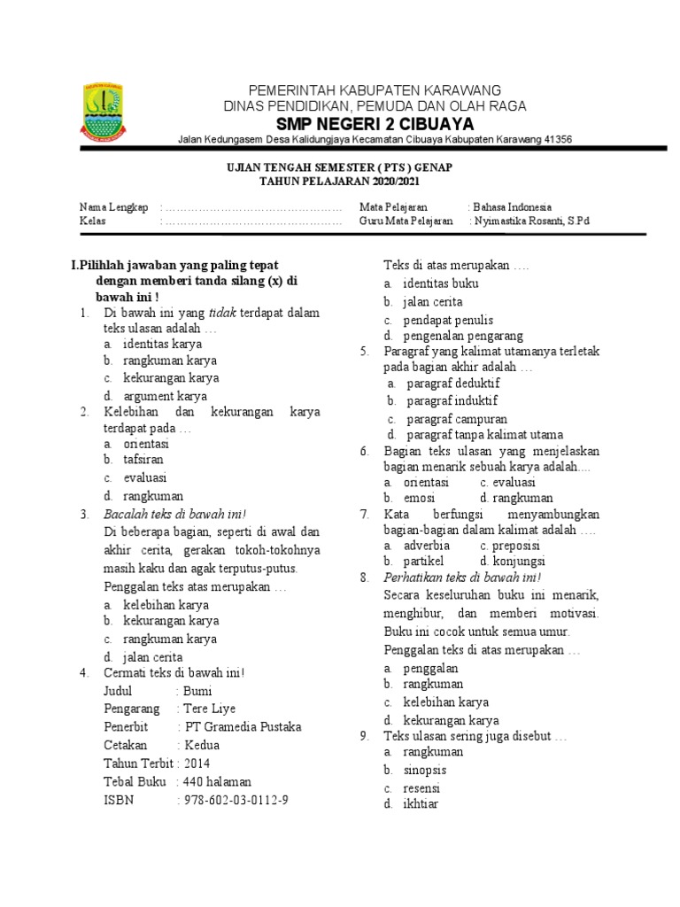 Soal PTS Bahasa Indonesia Semester Genap Kelas Viii | PDF