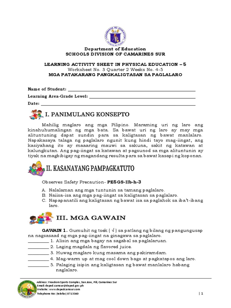 LAS3_Weeks4-5_PE_5_MGA PATAKARANG PANGKALIGTASAN SA PAGLALARO | PDF