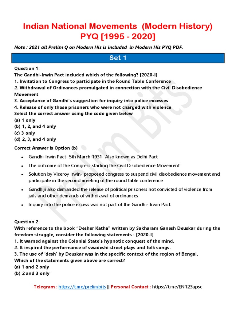 Indian National Movements Modern History PYQ 1995 2020 | PDF | Mahatma ...