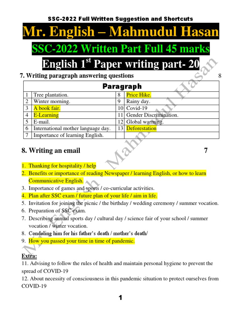SSC 2022 Full Written Part (45marks) Suggestion and Shortcuts by Mr ...