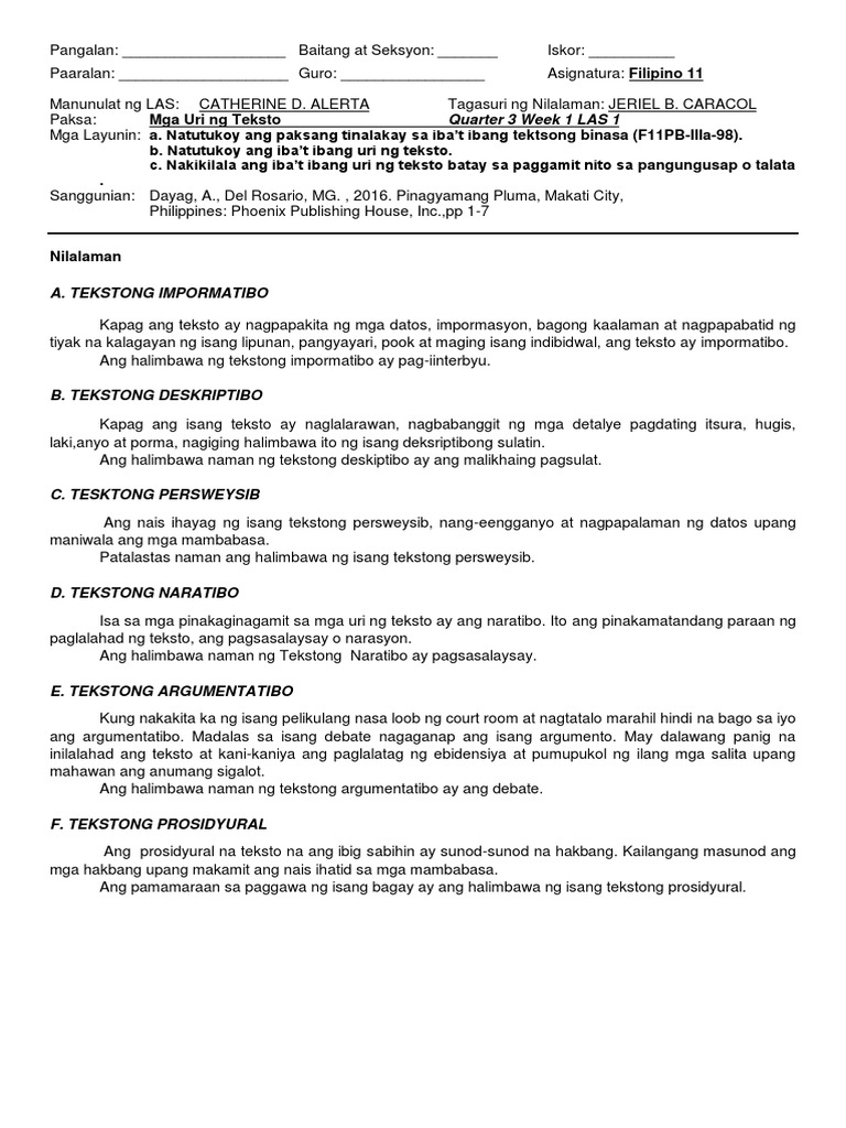 Filipino 11 Quarter 3 Week 1 Las #1 | PDF
