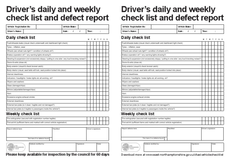 Daily Vehicle Check Form | PDF | Vehicles | Headlamp