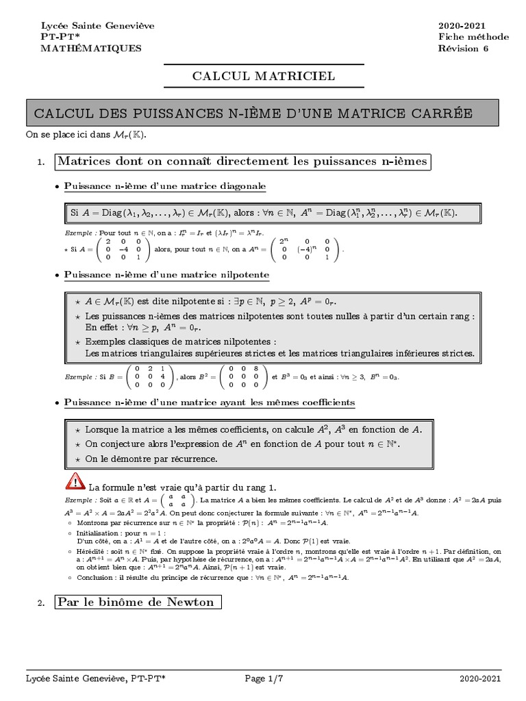 7 Fiche Calcul Matriciel | PDF