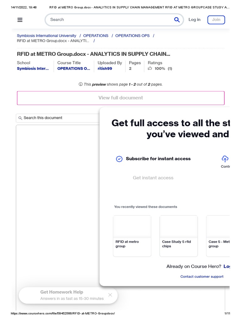 Get Full Access To All The ST You've Viewed And: Rfid at Metro Group - Docx - Analytics in ...