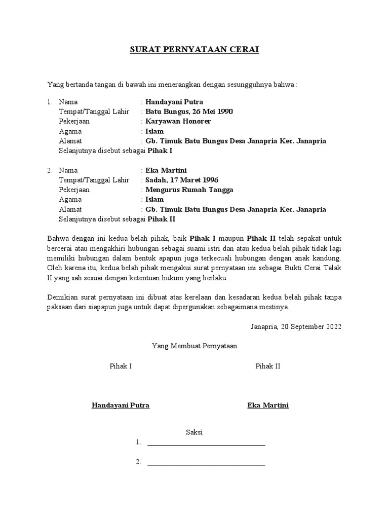 Surat Pernyataan Cerai | PDF