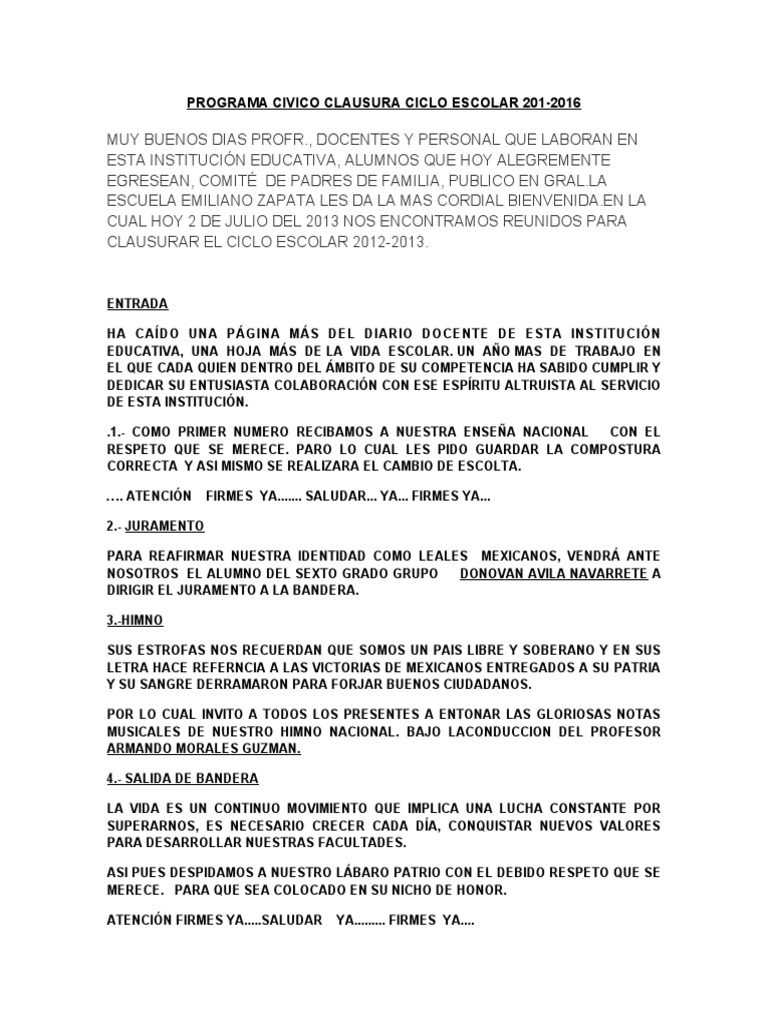 Programa Civico Clausura Ciclo Escolar Borrador | PDF