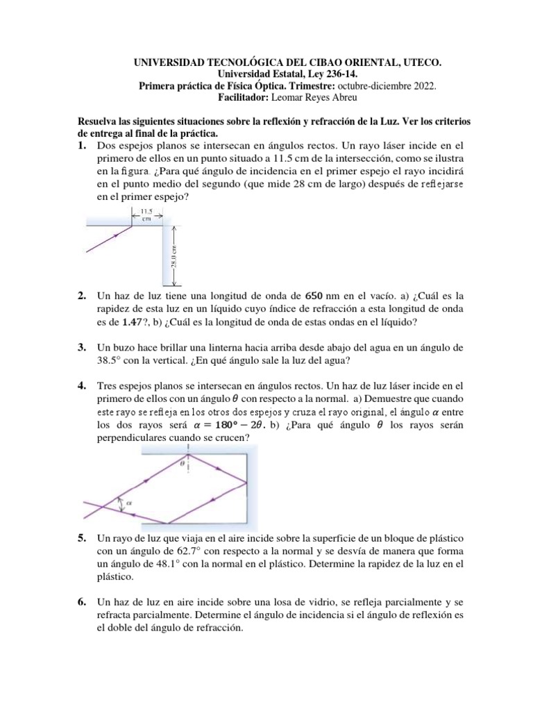 Primera Practica de Fisica Optica. Octubre-Diciembre 2022-1-2 | PDF | Ligero | Reflexión (Física)