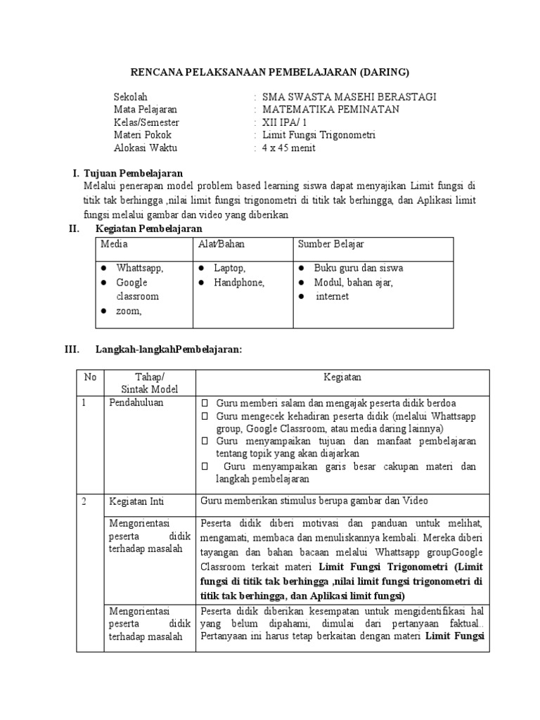 Kelas Xii RPP Daring | PDF