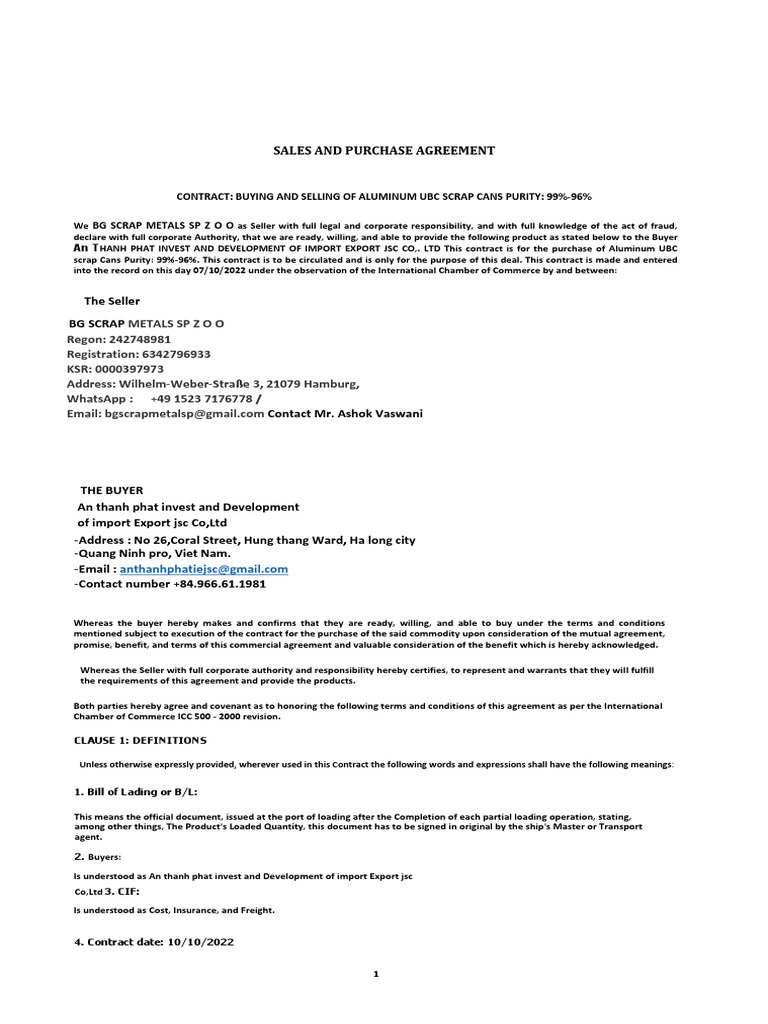 Aluminum UBC Scrap Purchase Agreement | PDF | Business | Private Law