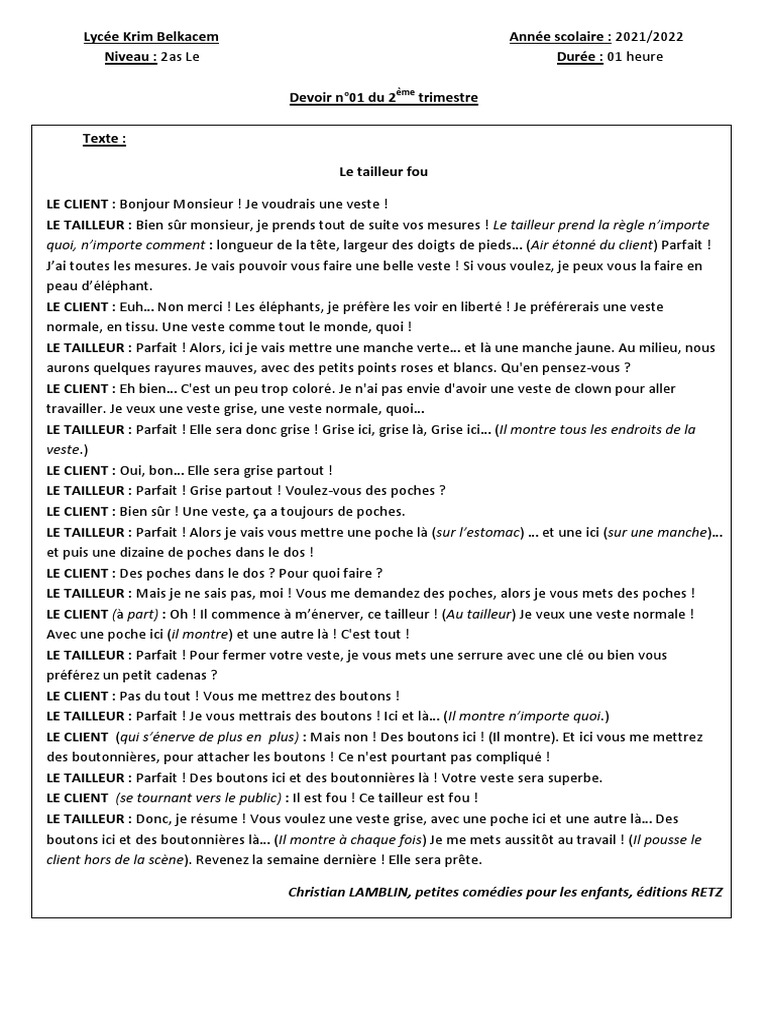 Devoir Théâtre 2AS : Le Tailleur Fou | PDF