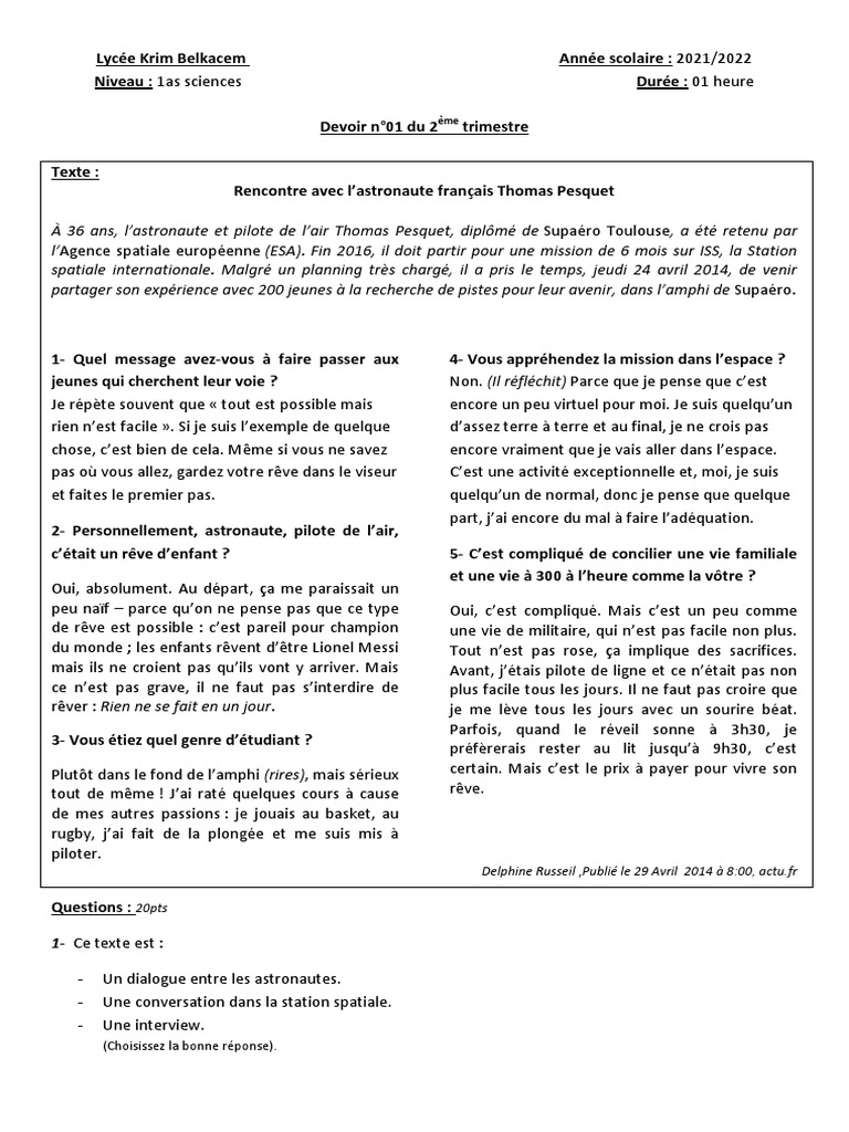 Devoir 1as Interview | PDF | Astronautes
