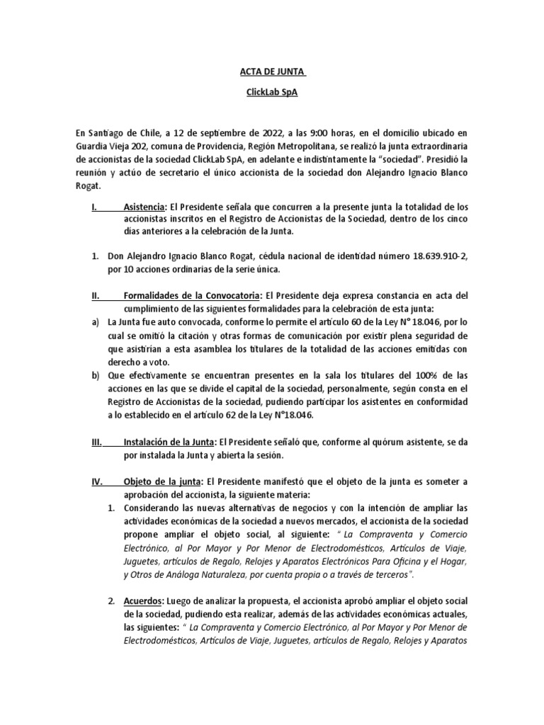 ACTA Junta Extraordinaria de Accionistas CLICKLAB SpA | PDF | Gobierno