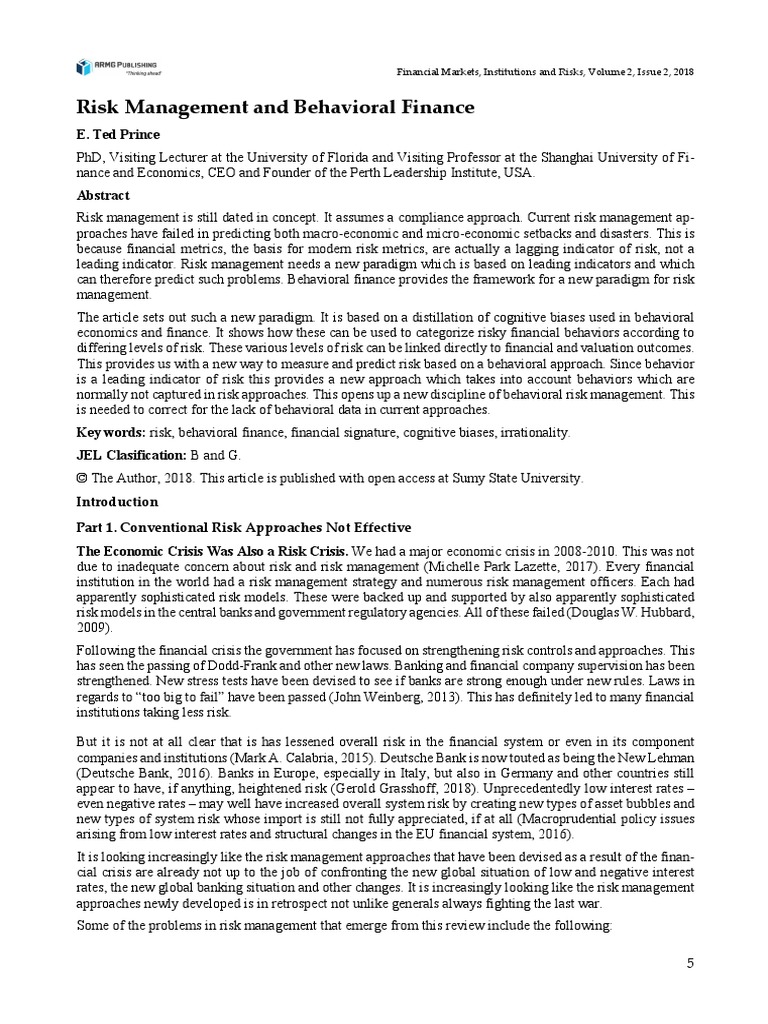Risk Management and Behavioral Finance: Financial Markets, Institutions ...