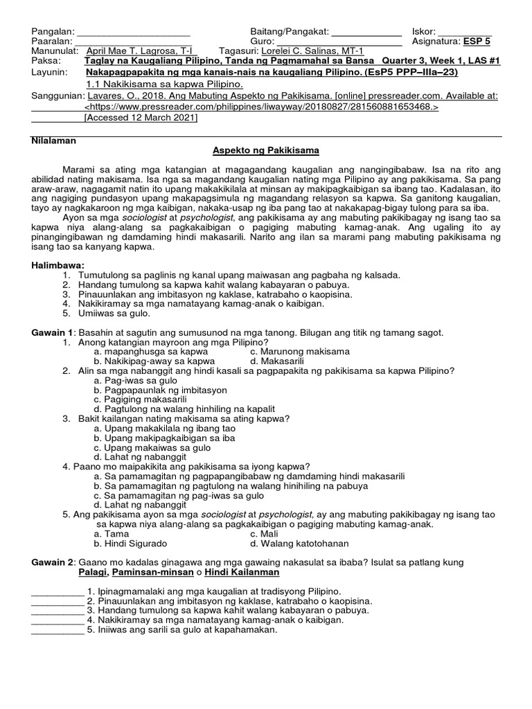 Esp 5 Quarter 3 Week 1 Las 1 | PDF