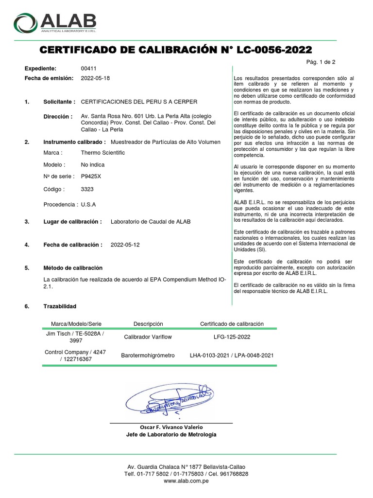Certificado de Calibración #Lc-0056-2022: Oscar F. Vivanco Valerio ...