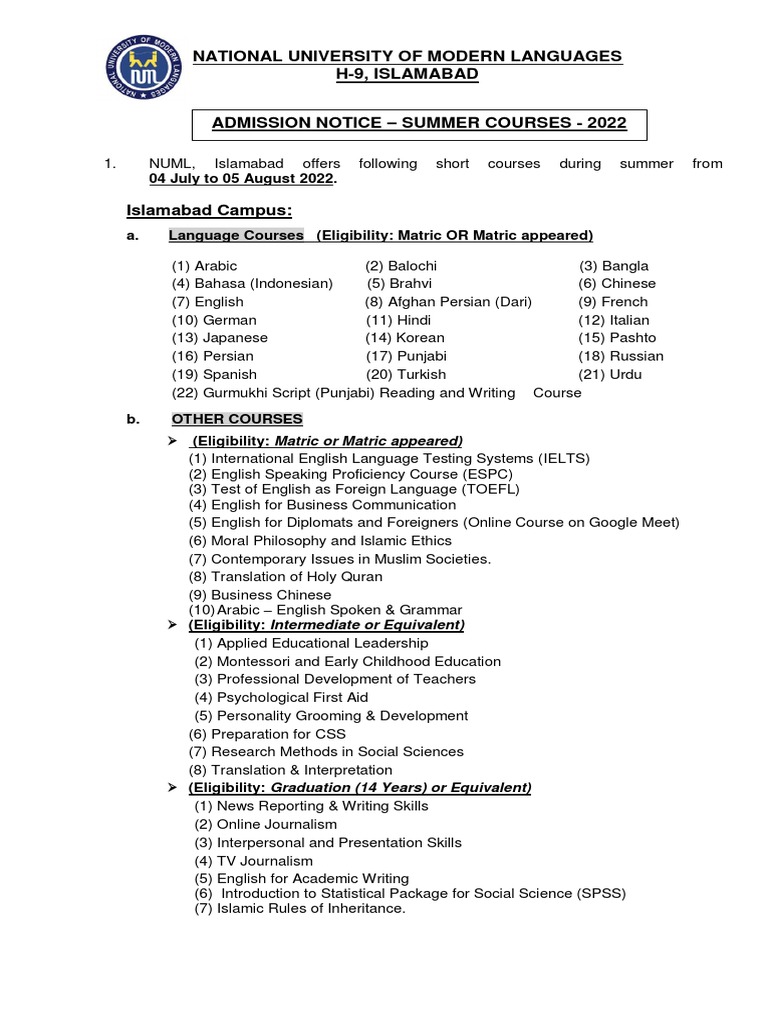 Summer Language & Skills Courses | PDF | Persian Language | Arabic