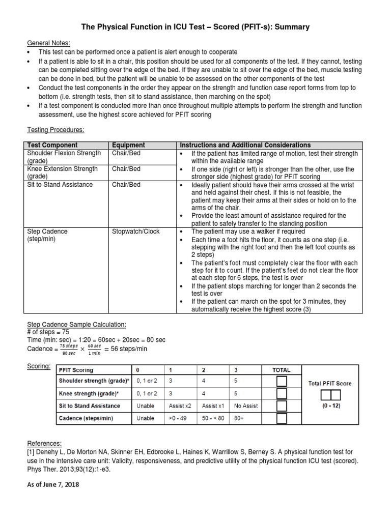 The Physical Function in ICU Test PFIT 1 Page Summary June 07 2018 ...