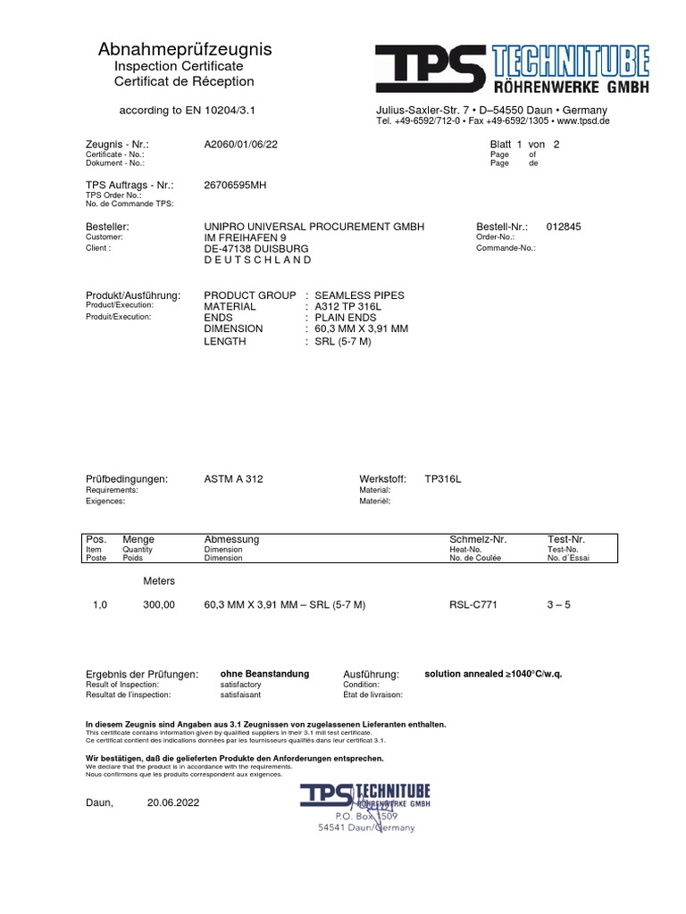 MTC For Material | PDF