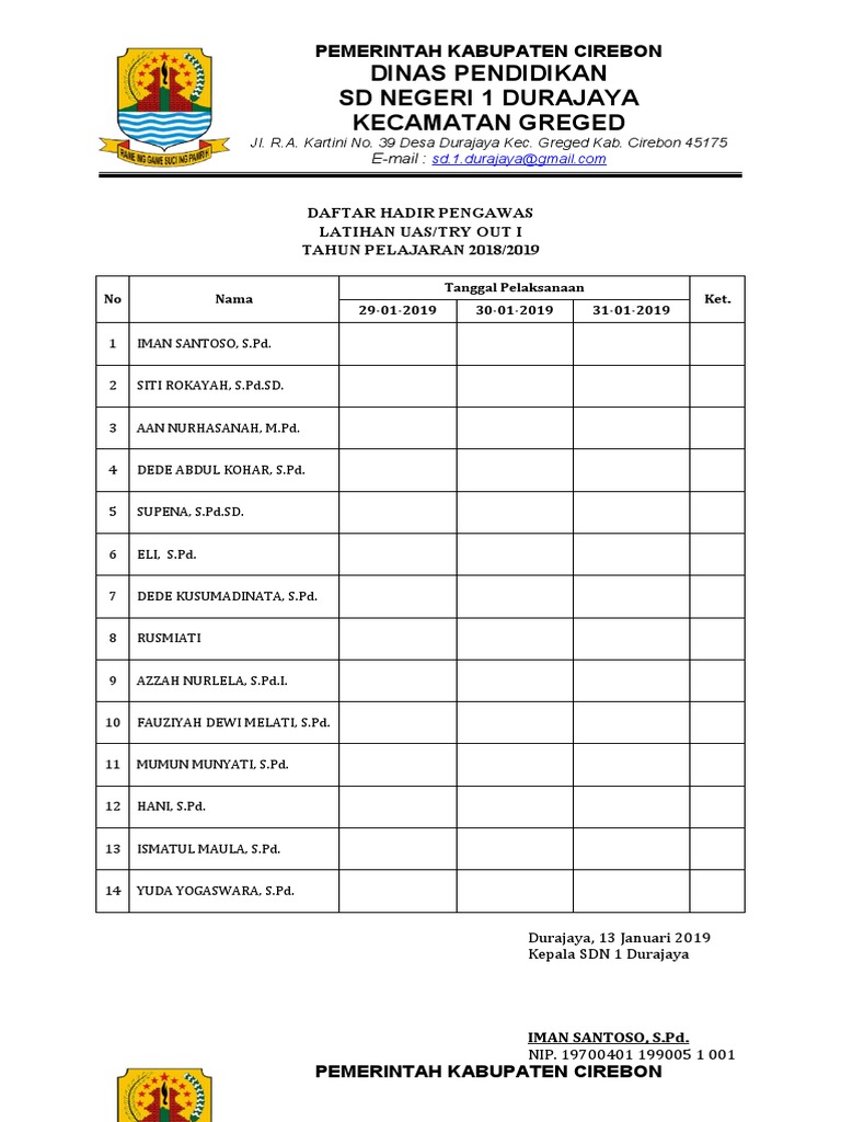Daftar Hadir Guru Pelaksanaan UTS 2018-2019 SEMESTER 1 | PDF