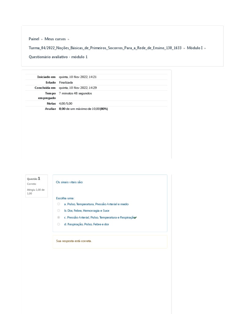 Questionário Avaliativo - Módulo 1 | PDF | Pulso | Primeiros socorros