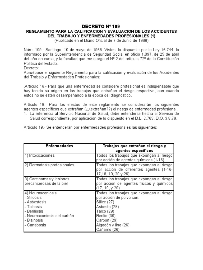 DECRETO SUPREMO N109 Enfermedades Profesionales | PDF | Medicina CLINICA | Ciencias de la Salud