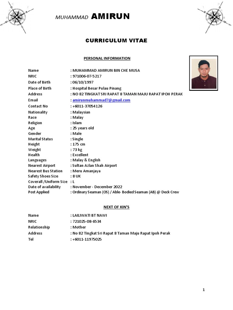 CV Seafarer Muhammad Amirun Bin Che Musa 2022 3 | PDF