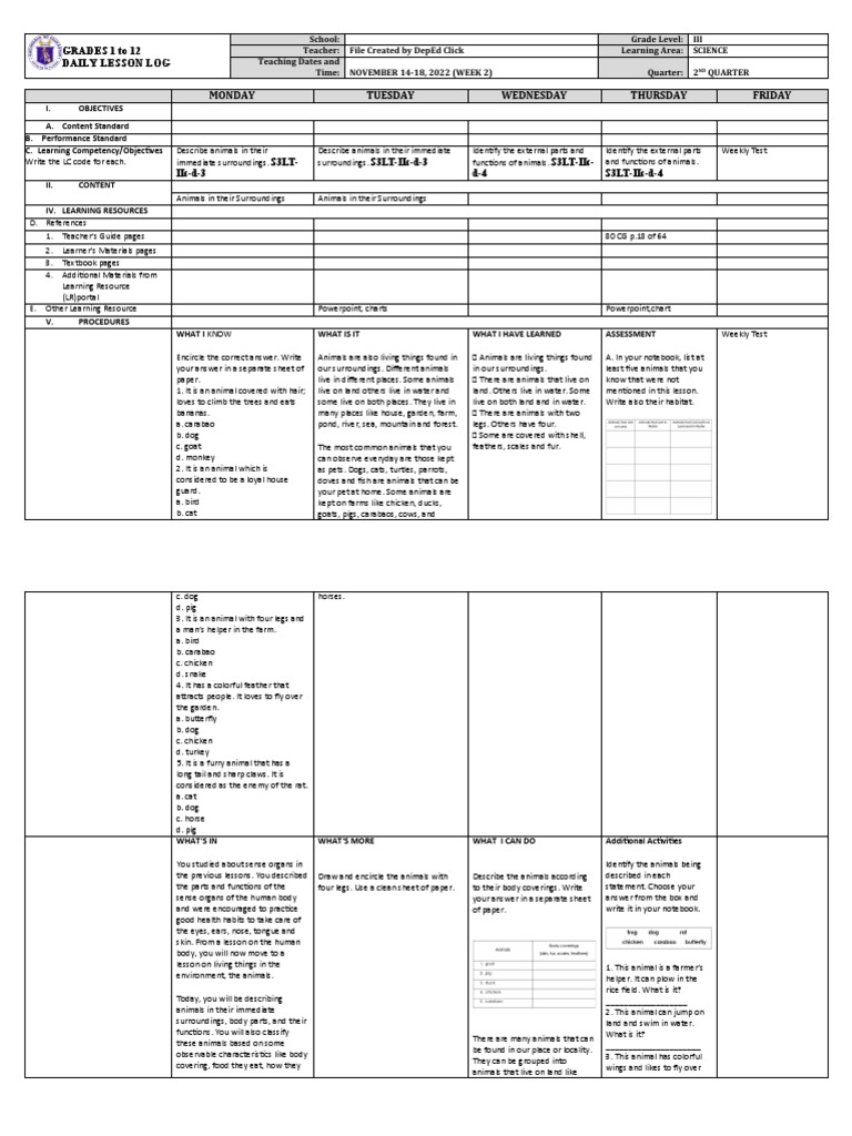 DLL - Science 3 - Q2 - W2 | PDF