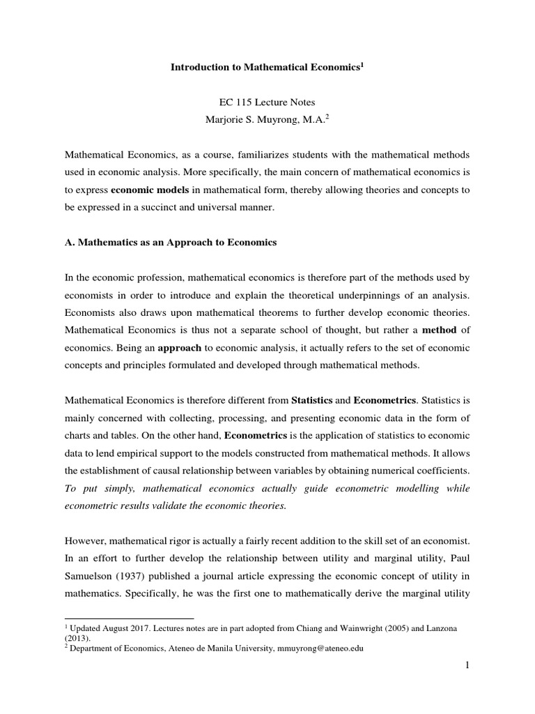 Mathematical Economics Overview | PDF | Economics | Mathematical Economics