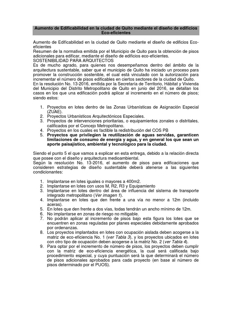 2 Aumento de Edificabilidad en Quito - Completo | PDF | Matriz (Matemáticas) | Sustentabilidad
