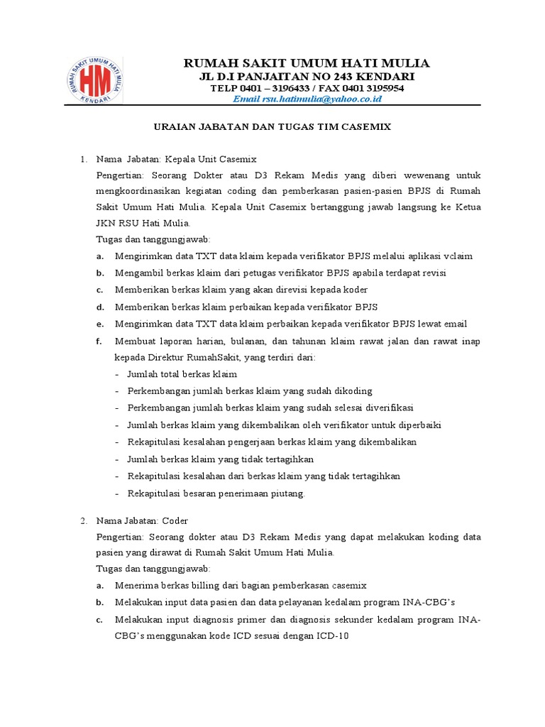 Contoh Uraian Jabatan Tim Casemix | PDF