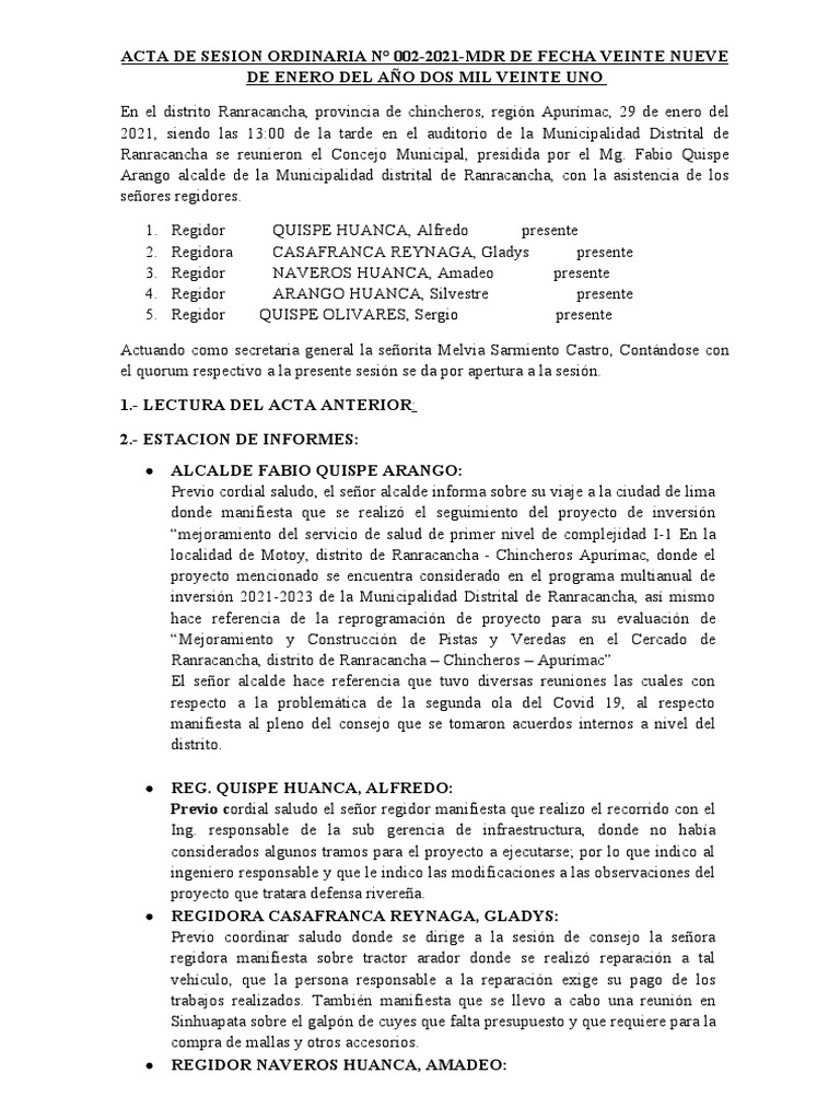 Acta de Sesion Ordinaria #002 | PDF