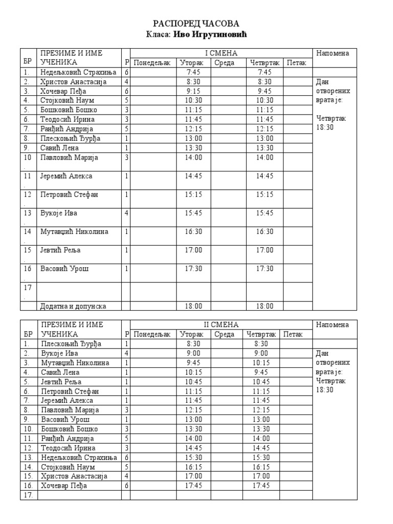 Raspored Casova | PDF