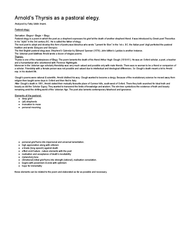 Arnolds Thyrsis As A Pastoral Elegy | PDF | Poetry