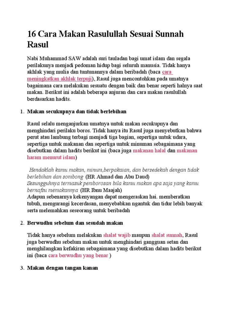 16 Cara Makan Rasulullah Sesuai Sunnah Rasul | PDF | Agama & Spiritualitas