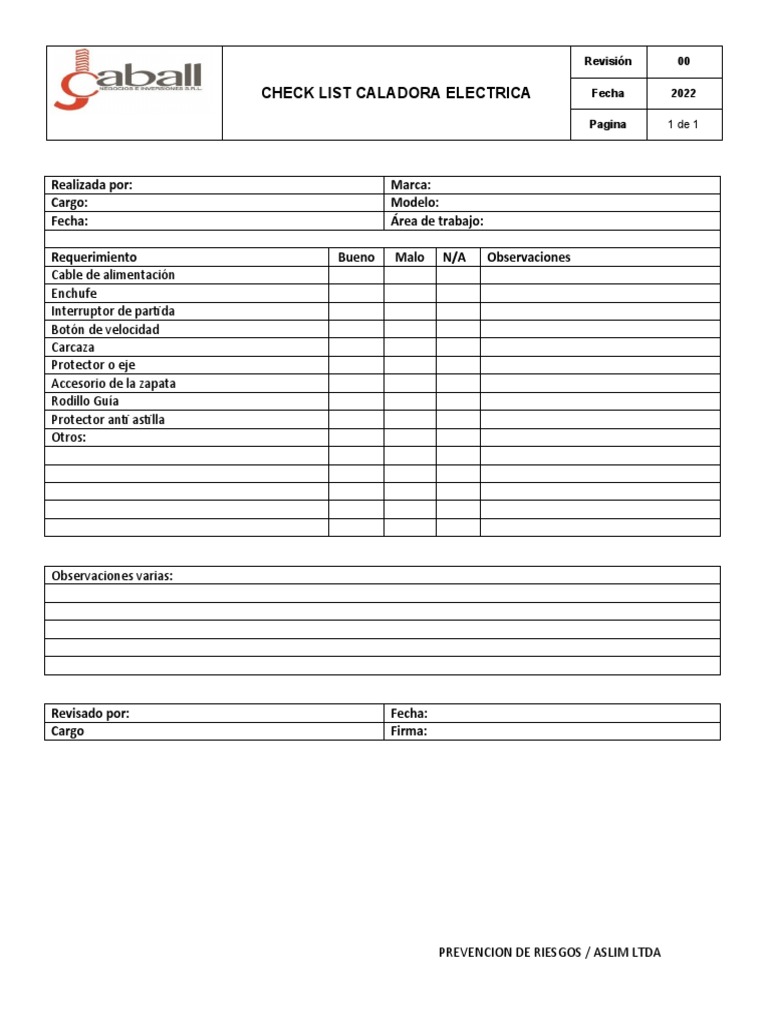 Check List Caladora | PDF