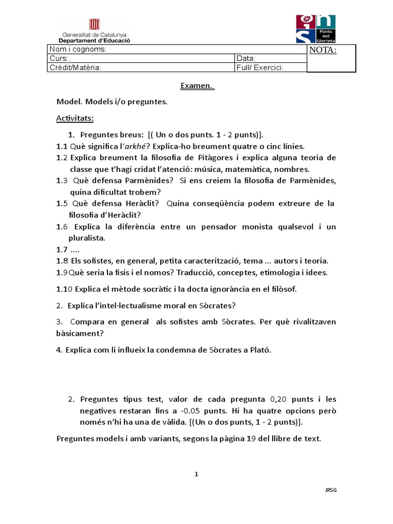 Model 1. Examen. Prova Model. | PDF