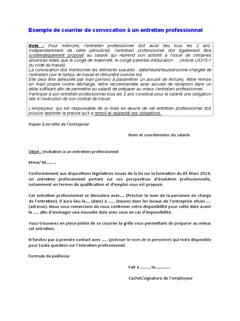 Exemple de Courrier Convocation Entretien Pro | PDF | Évolution de carrière | Affaires
