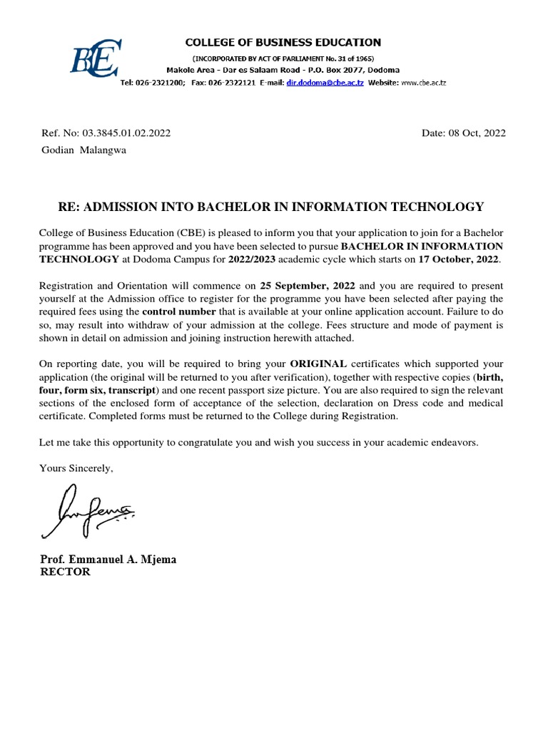 Admission Letter Dodoma Campus | PDF