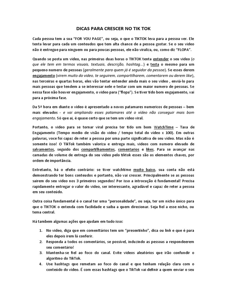 Dicas Para Crescer No Tik Tok Pdf Vídeo