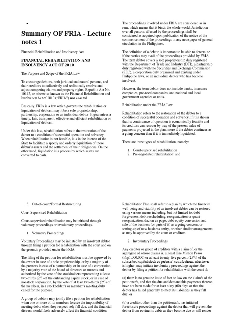 Summary OF FRIA | PDF | Liquidation | Insolvency