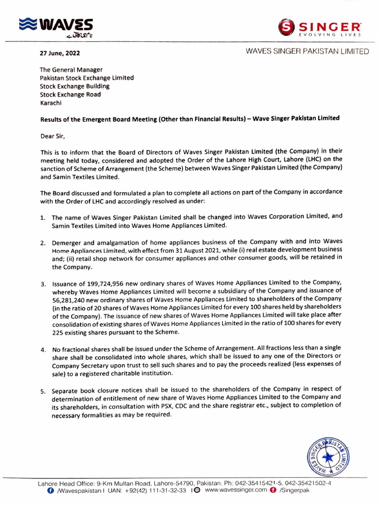 Waves Singer Pakistan Limited Board Meeting Results | PDF | Pakistan ...