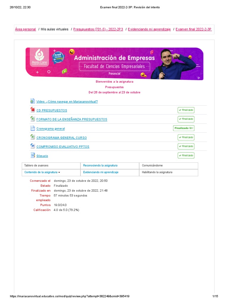 Examen Final 2022-2-3P - Revisión Del Intento | PDF | Presupuesto | Prueba (evaluación)
