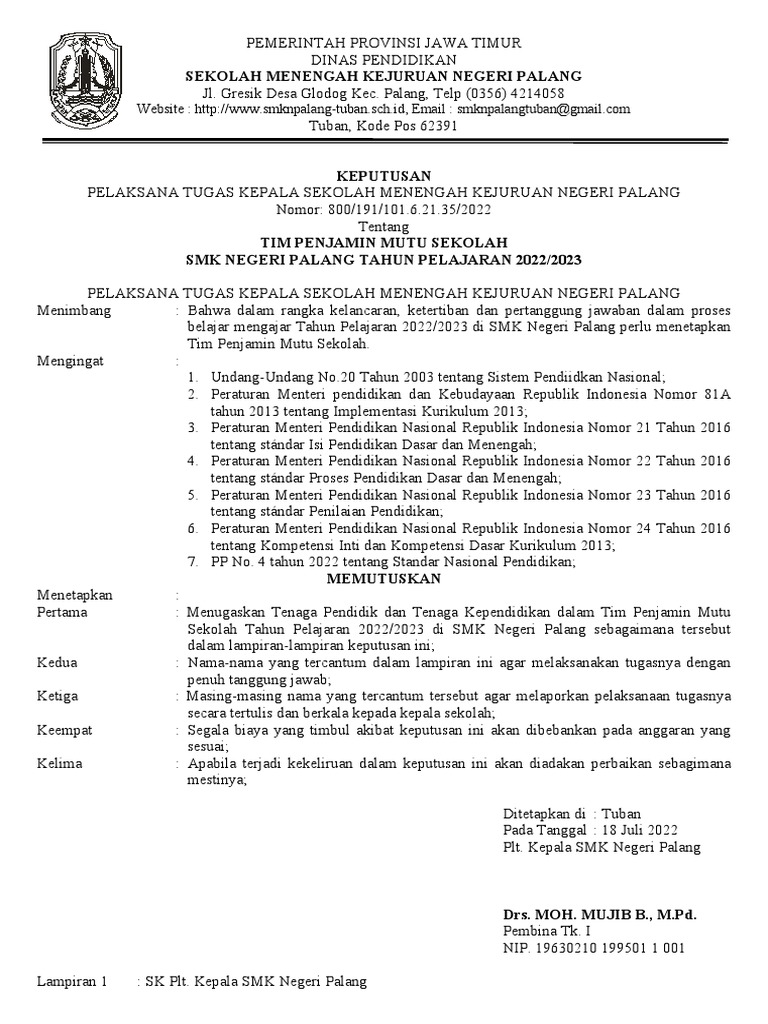 SK Tim Penjamin Mutu Sekolah | PDF