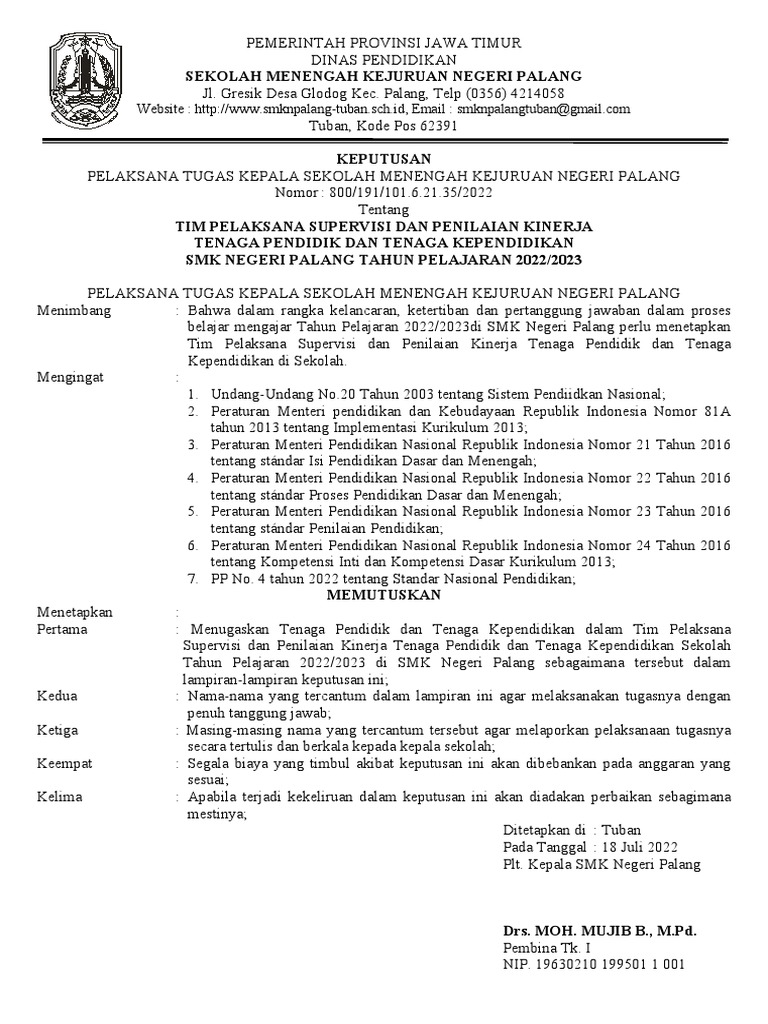 SK Tim Pelaksana Supervisi Dan Penilaian Kinerja Tendik | PDF
