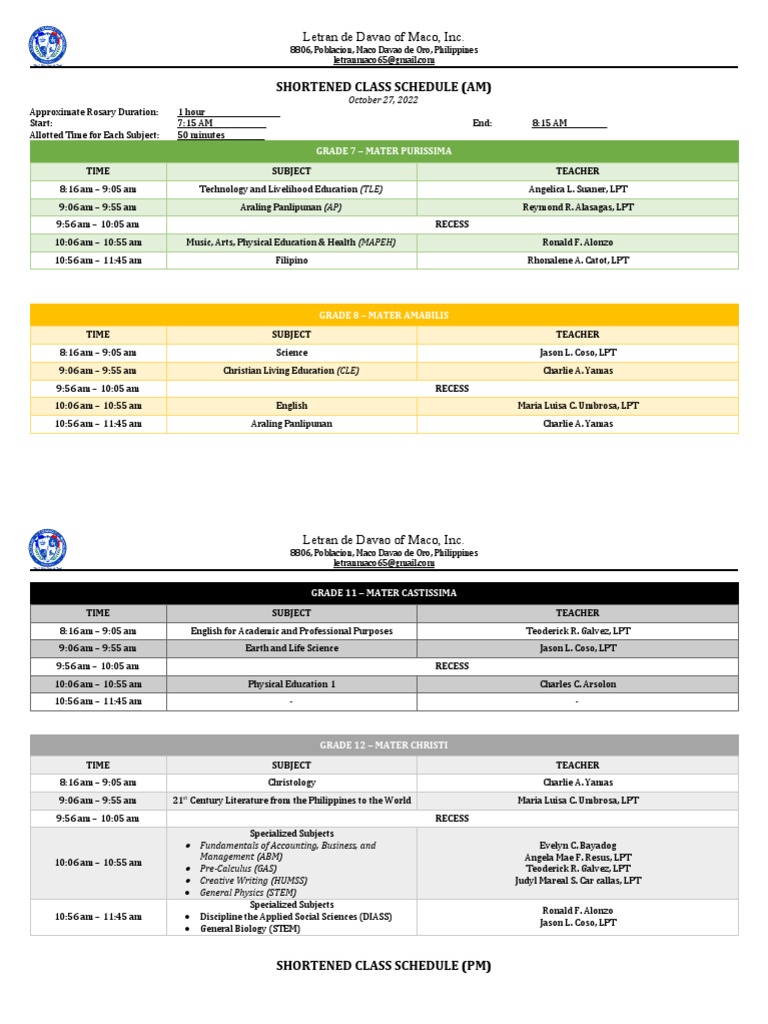 Shortened Class Schedule | PDF | Science