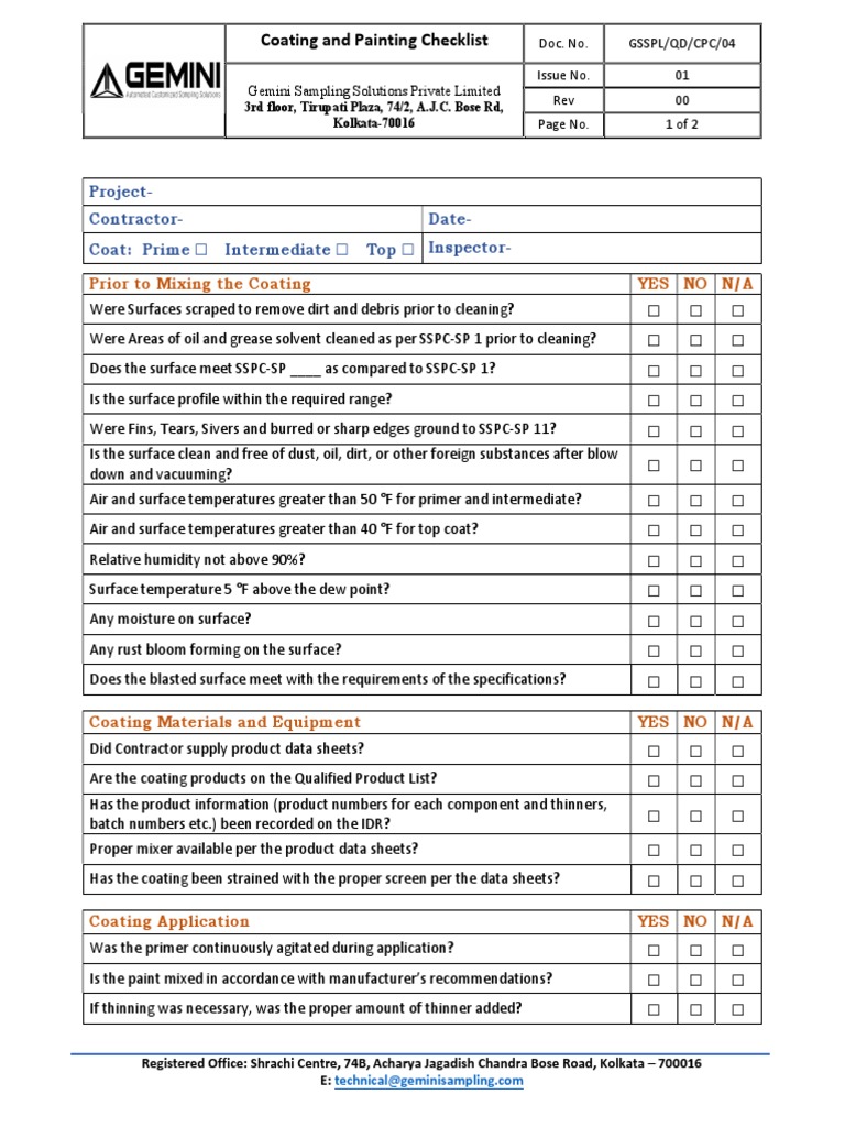 Coating and Painting Quality Checklist | PDF | Secondary Sector Of The ...